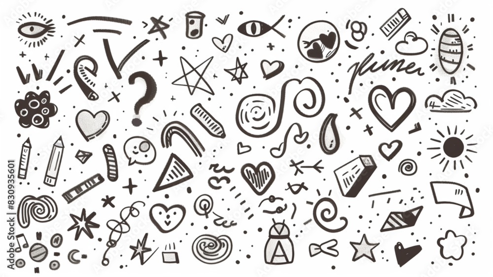 Set of doodle symbols and elements for drawing on a white background ...