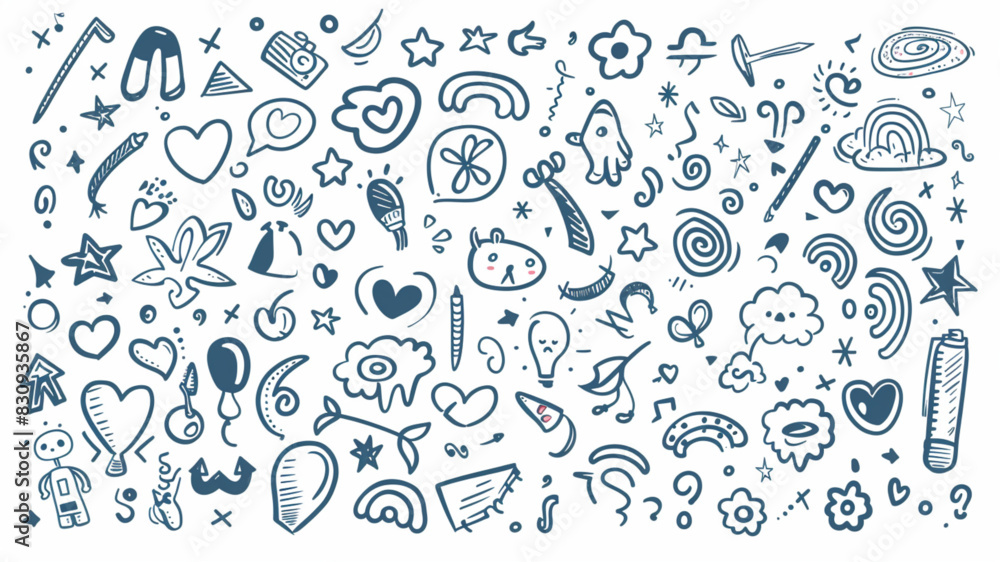 Set of doodle symbols and elements for drawing on a white background ...