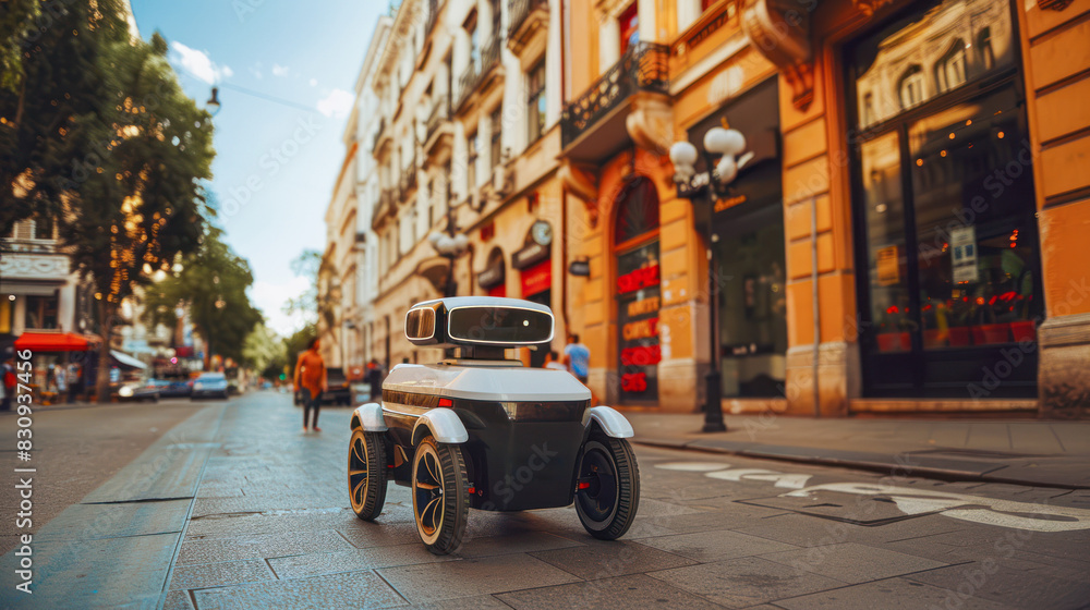 Modern automated food delivery robot drives along a city street ...