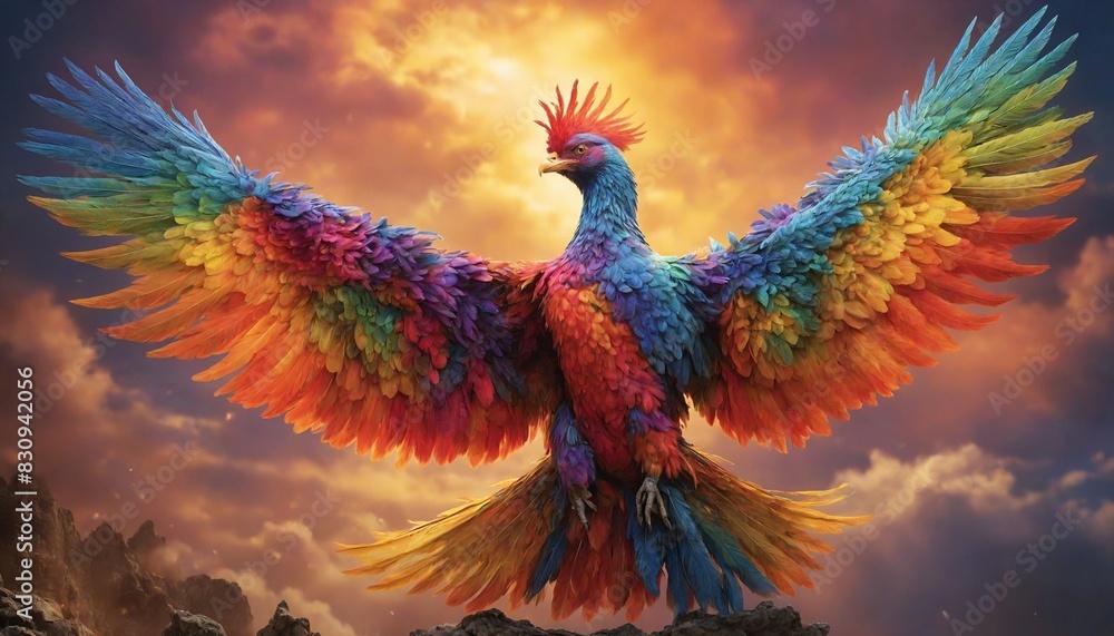 A vivid, fantastical image of a phoenix with a rainbow of colors ...