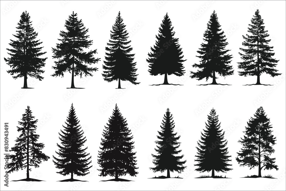 Christmas trees silhouettes, Christmas trees pictogram set, Pine tree ...