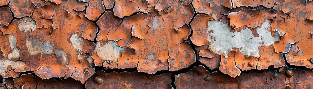 A detailed view of rusted metal with flaking paint, revealing the ...