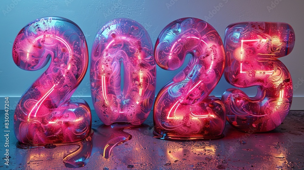 Neon Pink "2025" Graffiti Font: Translucent Bubble Material Stock ...
