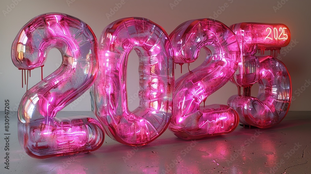 Neon Pink "2025" Graffiti Font: Translucent Bubble Material Stock ...