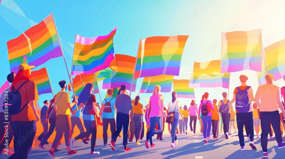 Illustrated LGBTQ pride march with colorful flags - A dynamic and ...