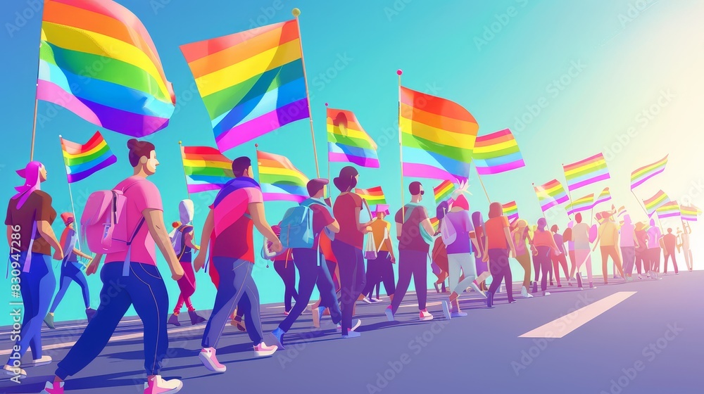 Digital illustration of pride parade on city street - A festive pride ...