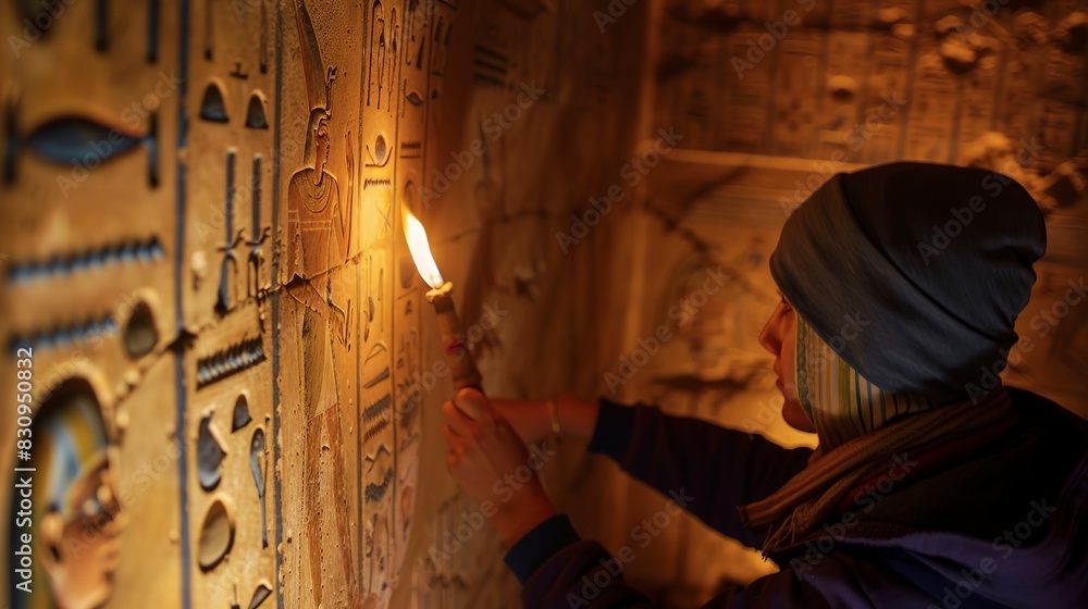 Backpacker deciphering hieroglyphs in an Egyptian tomb, close-up on ...