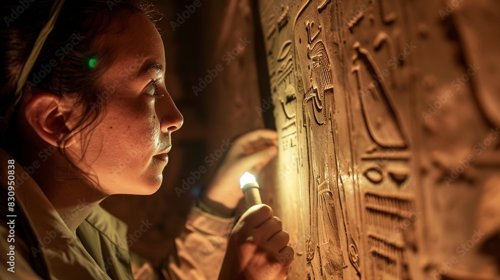 Backpacker deciphering hieroglyphs in an Egyptian tomb, close-up on ...