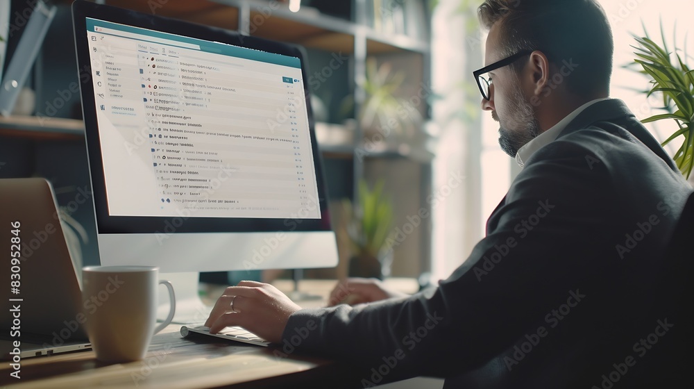 Email inbox message list on a computer laptop screen man working on an ...