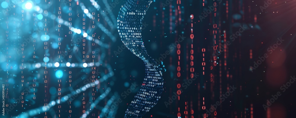 Abstract digital DNA strand with binary code on a futuristic technology background. Suitable for ...