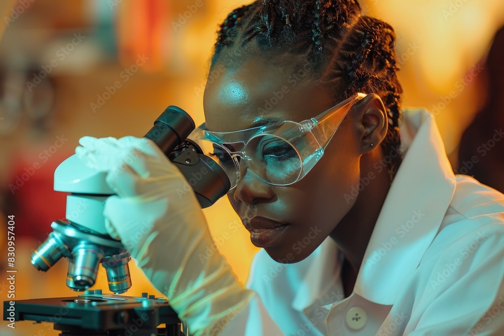 A woman wearing a lab coat and safety goggles is looking through a ...