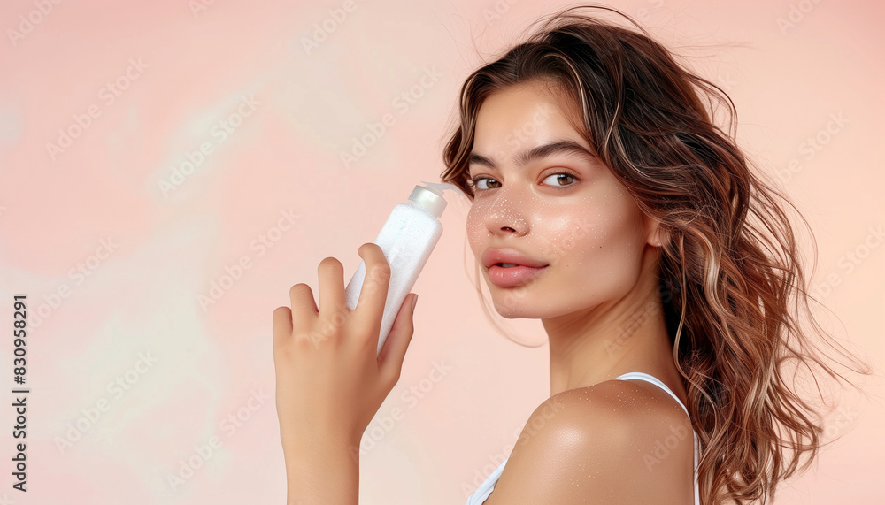 fashion model with beach waves applying a sea salt spray, capturing the ...