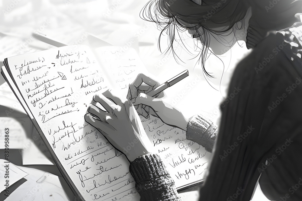 Monochromatic illustration of a person writing in a notebook with ...