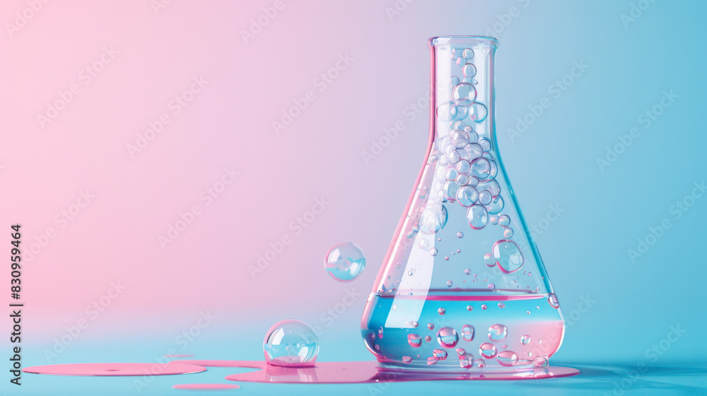 Glass flask with bubbles on a pink blue pastel background. Medicine ...