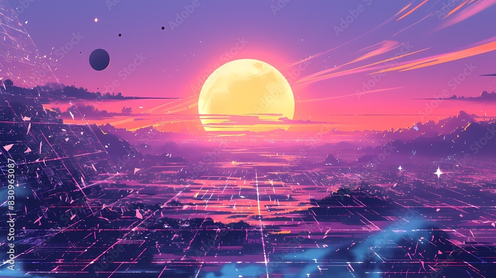 Digital technology futuristic grid sun and moon poster background Stock ...