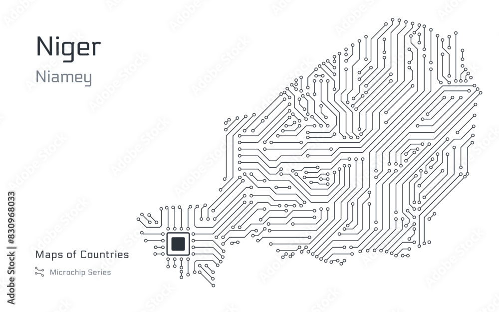 Niger Map with a capital of Niamey Shown in a Microchip Pattern with ...