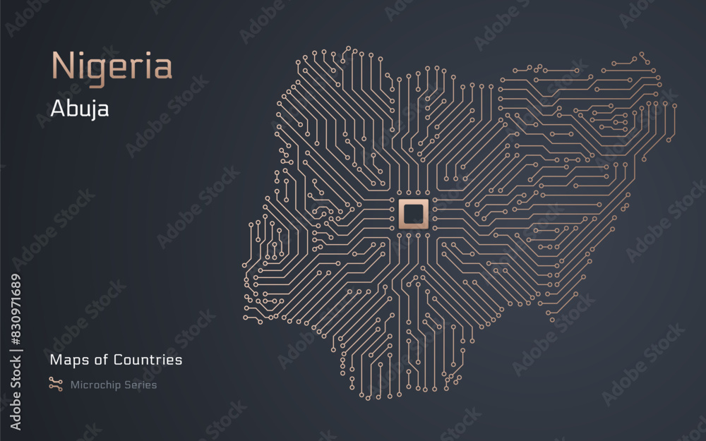 Nigeria Map with a capital of Abuja Shown in a Microchip Pattern with ...