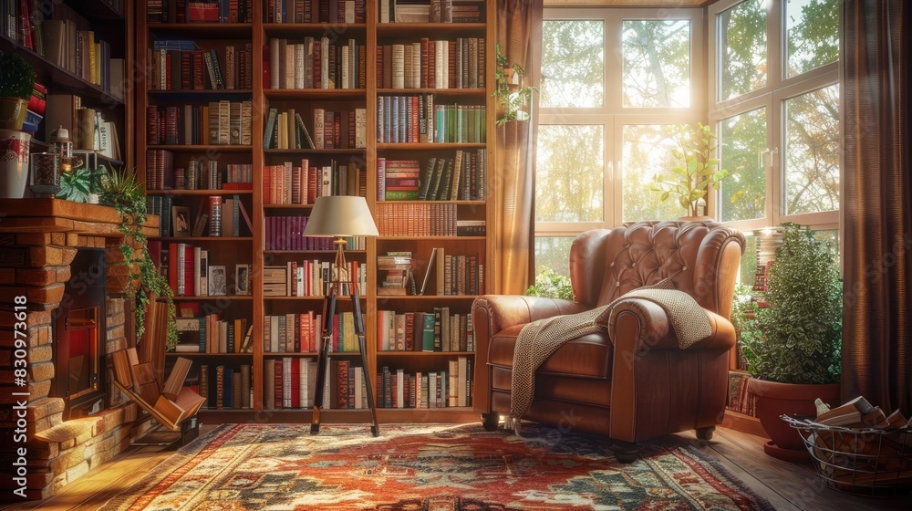 Cozy library corner with sunlight streaming through windows, featuring ...