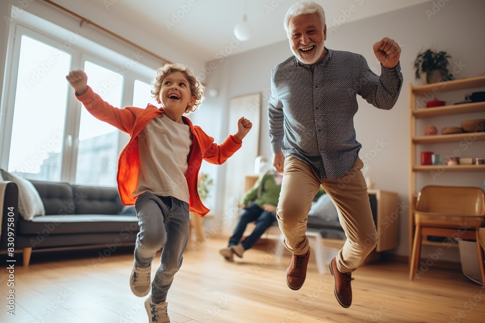 Cute little boy grandson having fun dancing with old elderly grandpa in ...