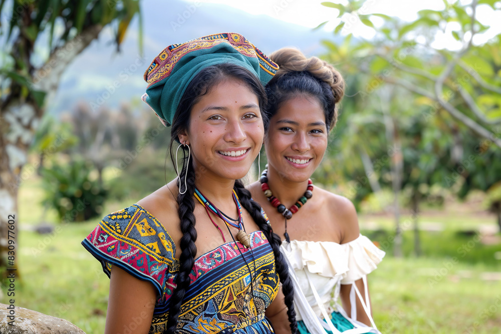 Two women in Ecuadorian native clothing stand next to each other ...