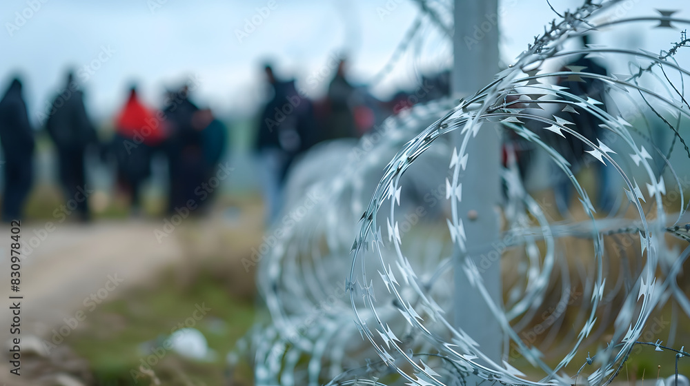 Barbed wire in refugee camp. Migrants behind chain link fence in camp ...