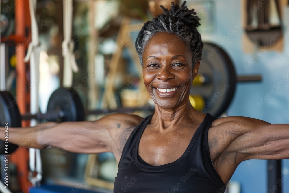 Smiling mature woman proudly displaying her fitness as an instructor in ...