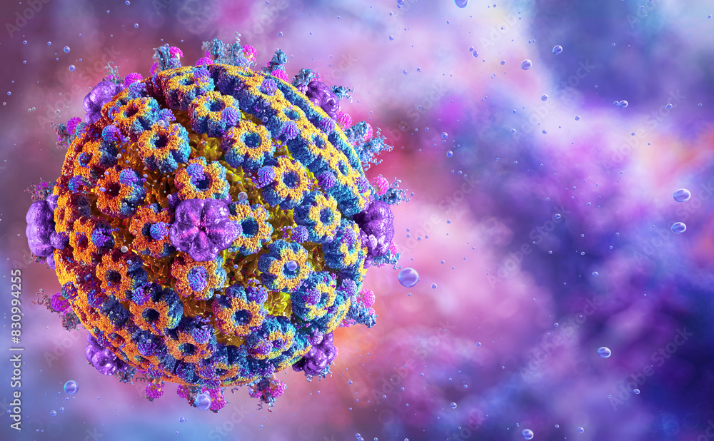 Herpes simplex virus HSV cell. Viral infection, cold sores, shingles caused by the human herpes ...