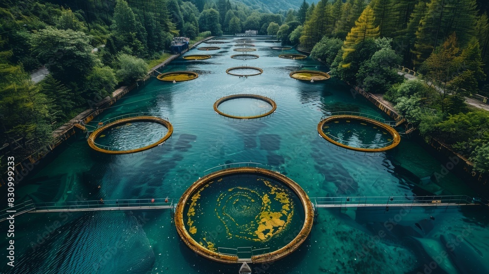 Image shows several circular fish farming structures in a lush green ...