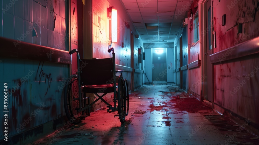 Decrepit hospital room with bloody handprints, eerie shadows in ...