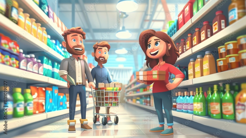 Animated characters in a store aisle, each with a shopping cart ...