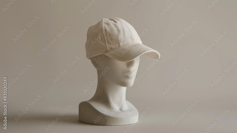 Stylish hat mock-up. A blank cap rests on a mannequin head against a ...