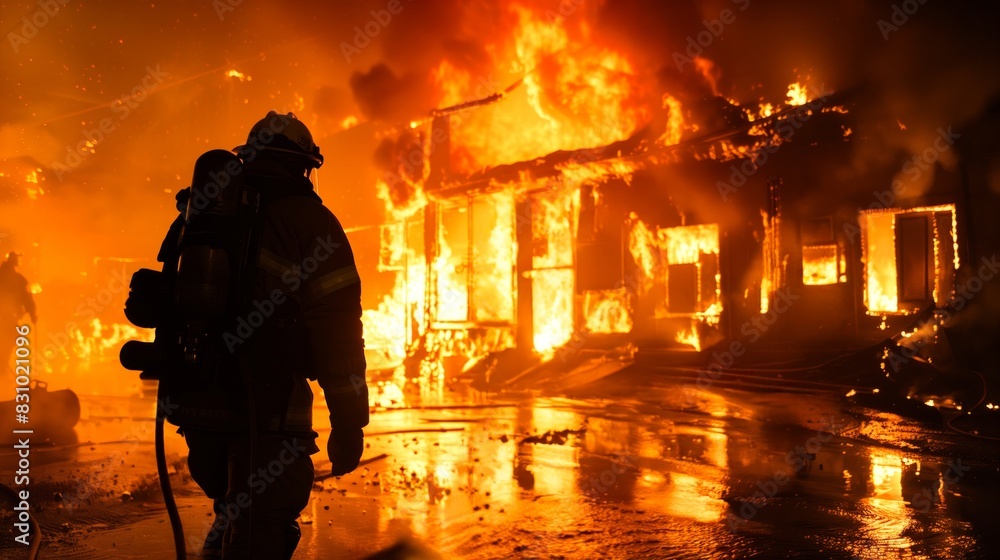 Firefighter Braving Inferno at Night. A Symbol of Heroism and ...