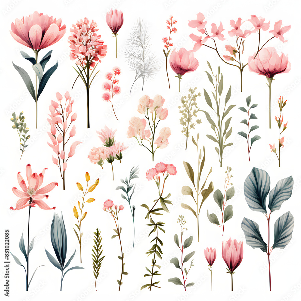set of Queen of the Prairie, plants, leaves and flowers. illustrations ...