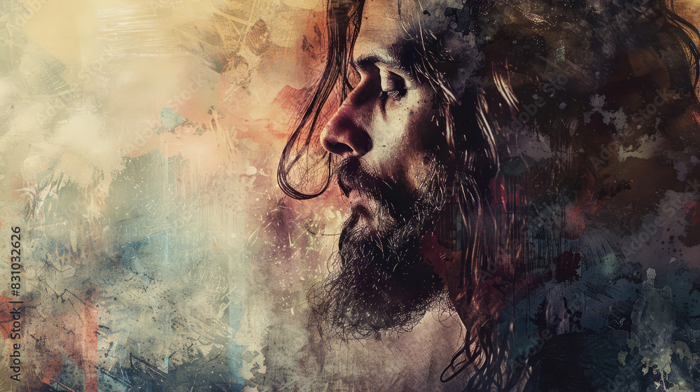 Jesus Christ presented with a beard and mustache on an abstract ...