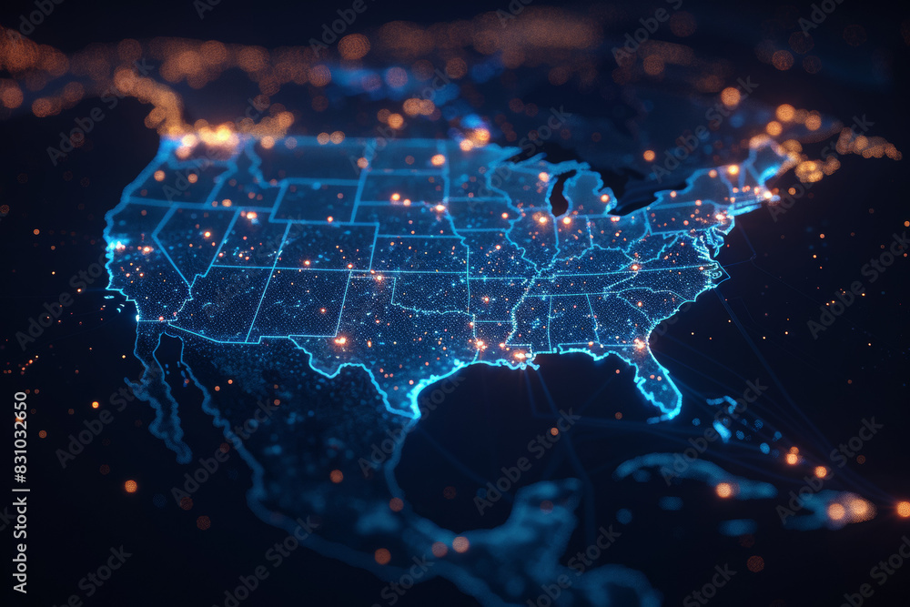Digital map of the United States of America with glowing connections ...