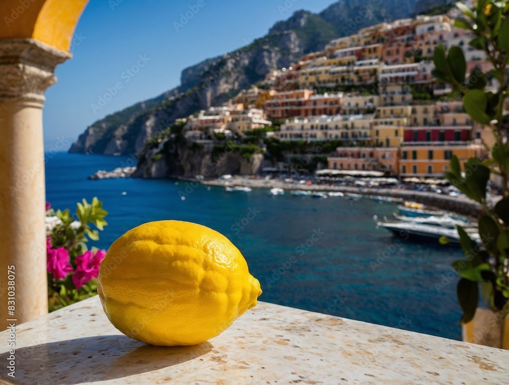 Amalfi lemon close-up against the background of the Amalfi Coast - the ...