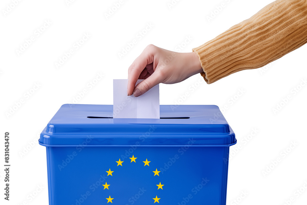 Woman voting for european elections 2024, EU Europe blue ballot box ...