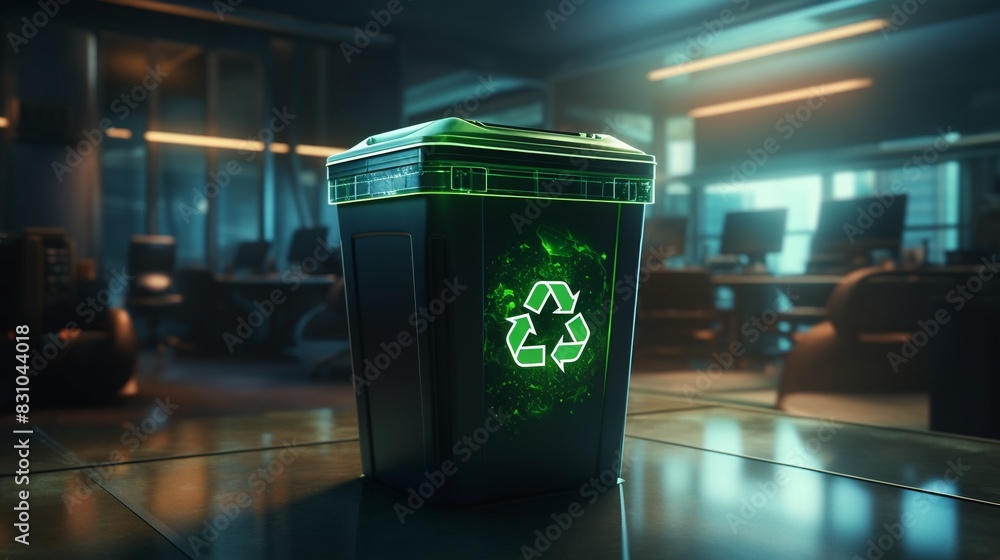 A digital illustration of a recycling symbol with holographic effects ...