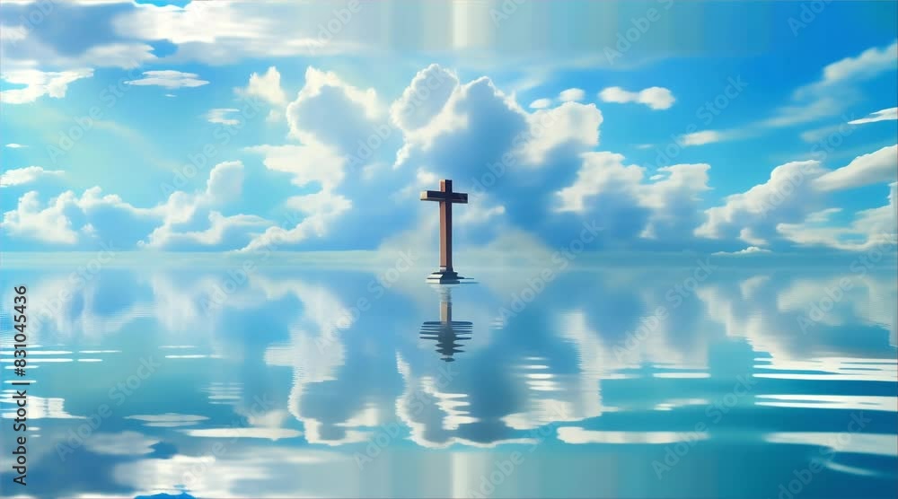 Religious background with Holy Cross glowing. Christian cross in a blue sky with some clouds ...