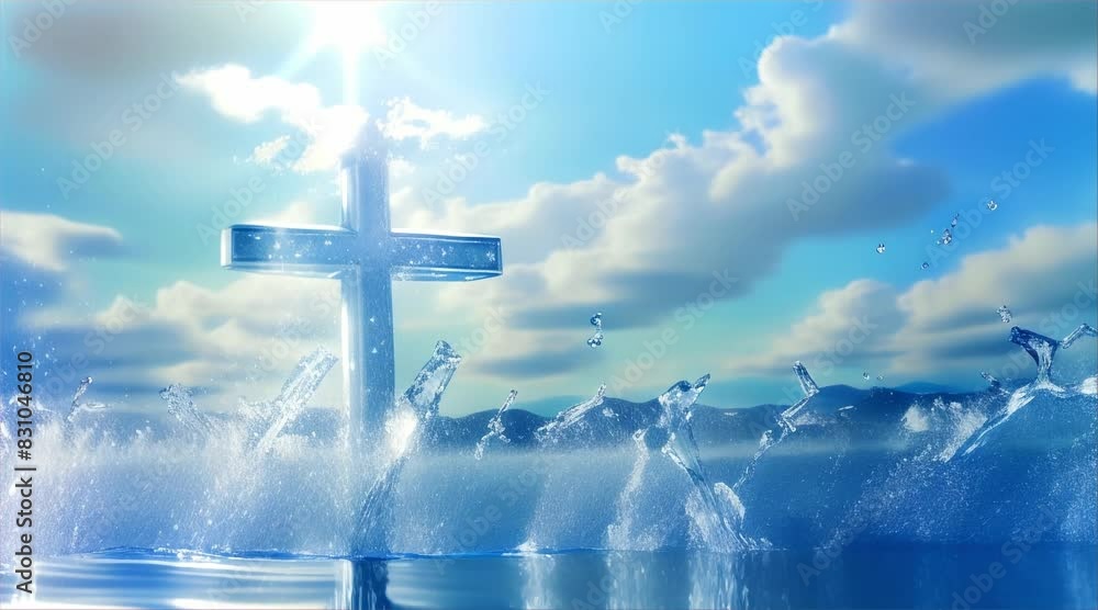 Religious background with Holy Cross glowing. Christian cross in a blue sky with some clouds ...