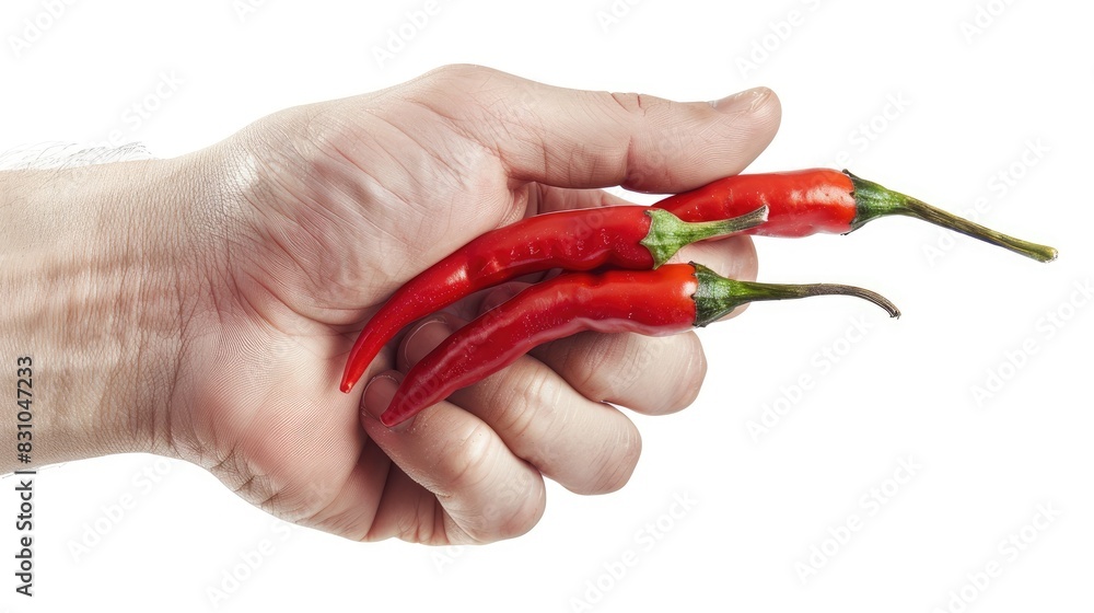 Concept of a photo with a hand grasping three fiery red chili peppers ...
