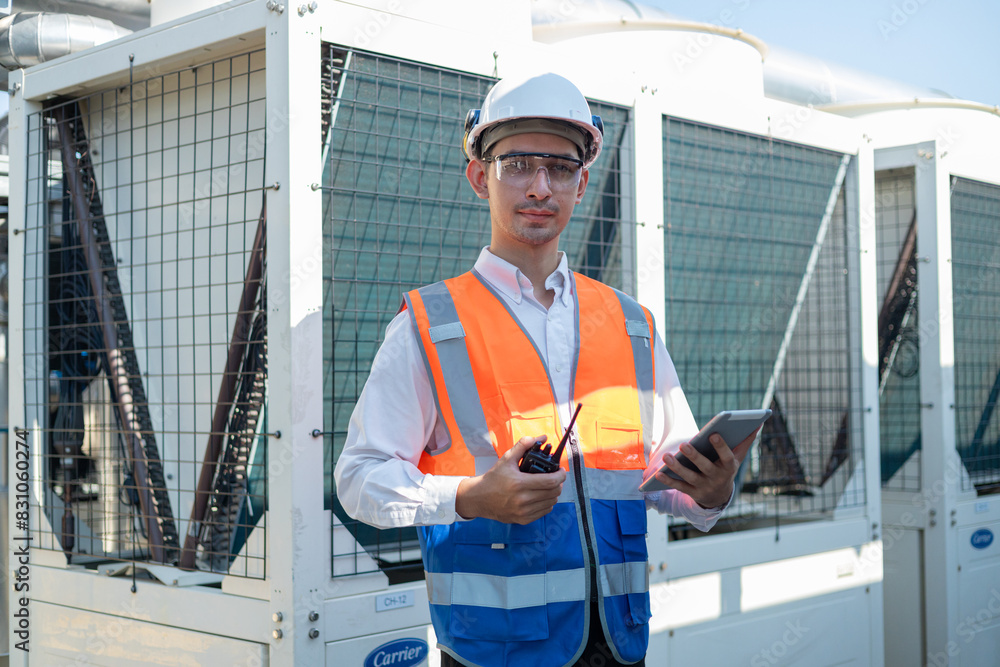 Engineer under checking the industry chilled water fan coil unit air ...