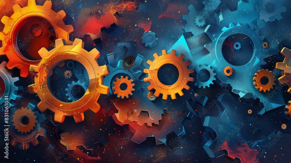 An abstract illustration of gears and cogs turning and interlocking ...