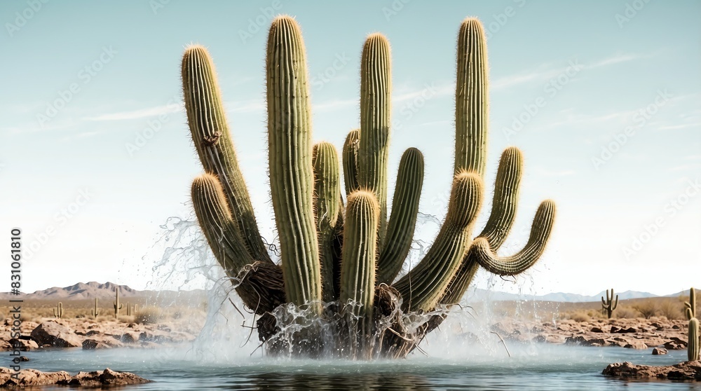 bunch of saguaro cactus on plain white background with water splash ...