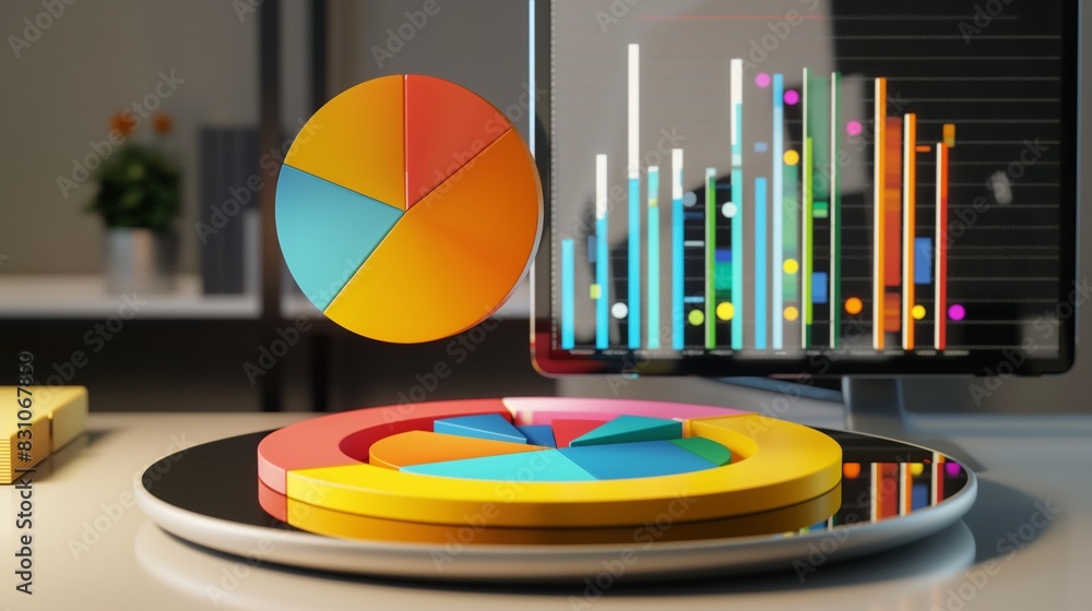A 3D pie chart and bar graphs floating above a tablet screen ...