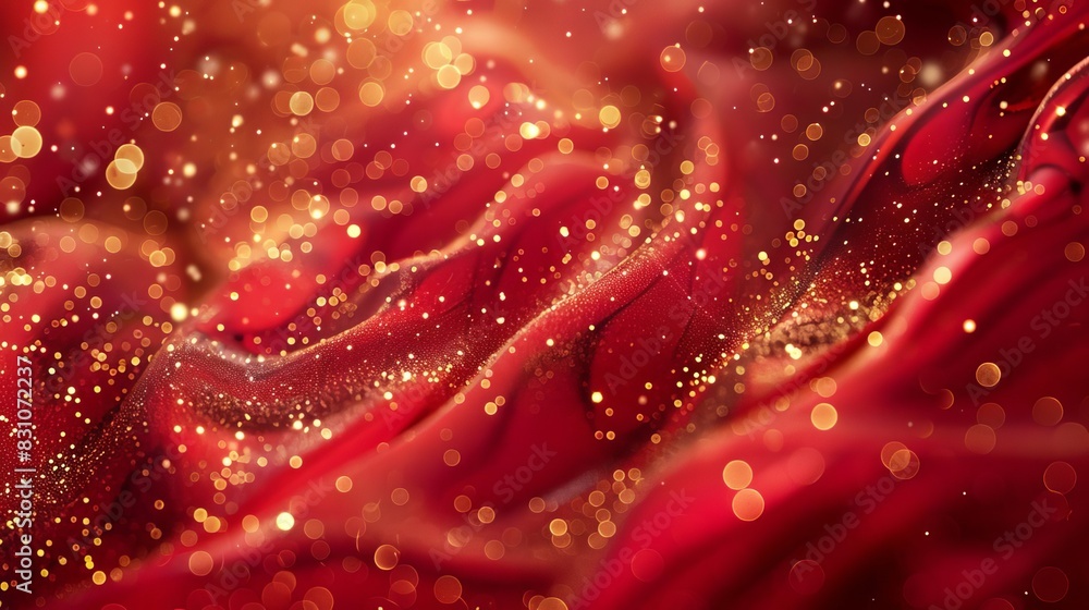 crimson cosmos shimmering red liquid with golden glitter particles ...