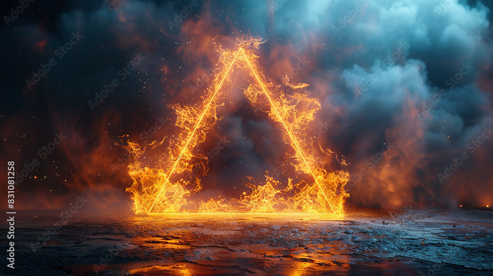 Fiery Triangle Symbol with Dark Smoky Background and Reflective Wet ...