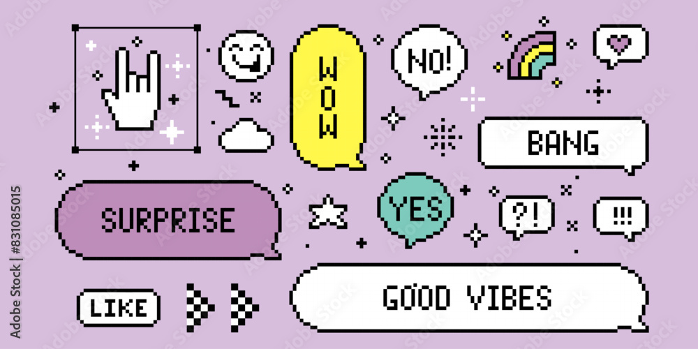 Set of pixel art speech bubbles. Wow. Surprise. Good vibes concept ...