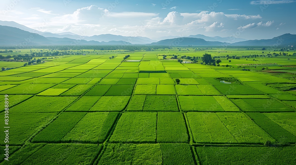 Aerial view of green rice fields in India, representing agricultural ...
