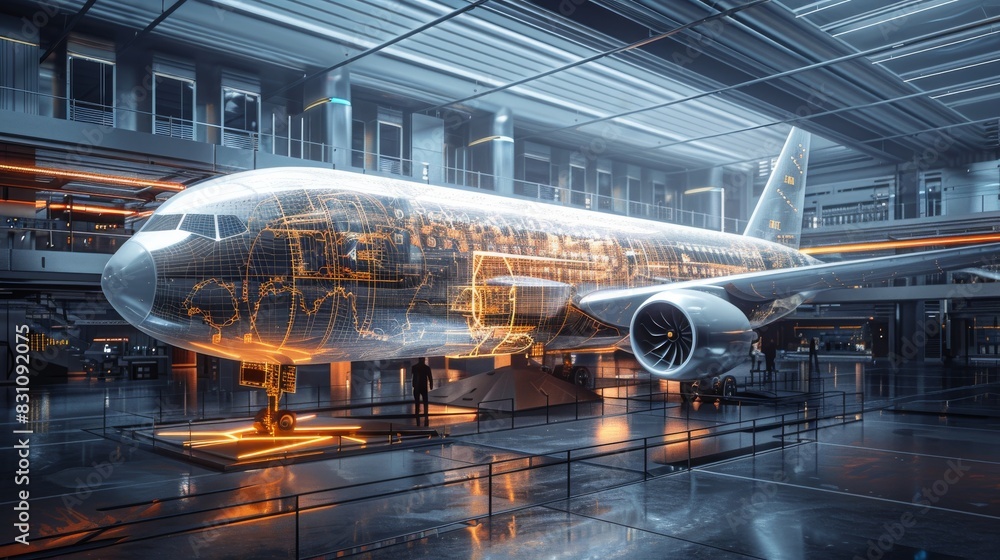In a futuristic design studio, a hologram of an airplane fuselage cross ...